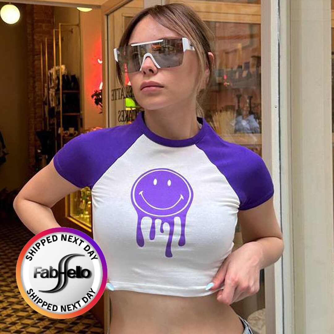 Purple Smiley Face Print Crop Top: Cotton Raglan Baby Tee - Etsy