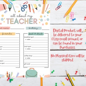 Teacher Favorites List for Back to School - Teacher Survey Printable ...