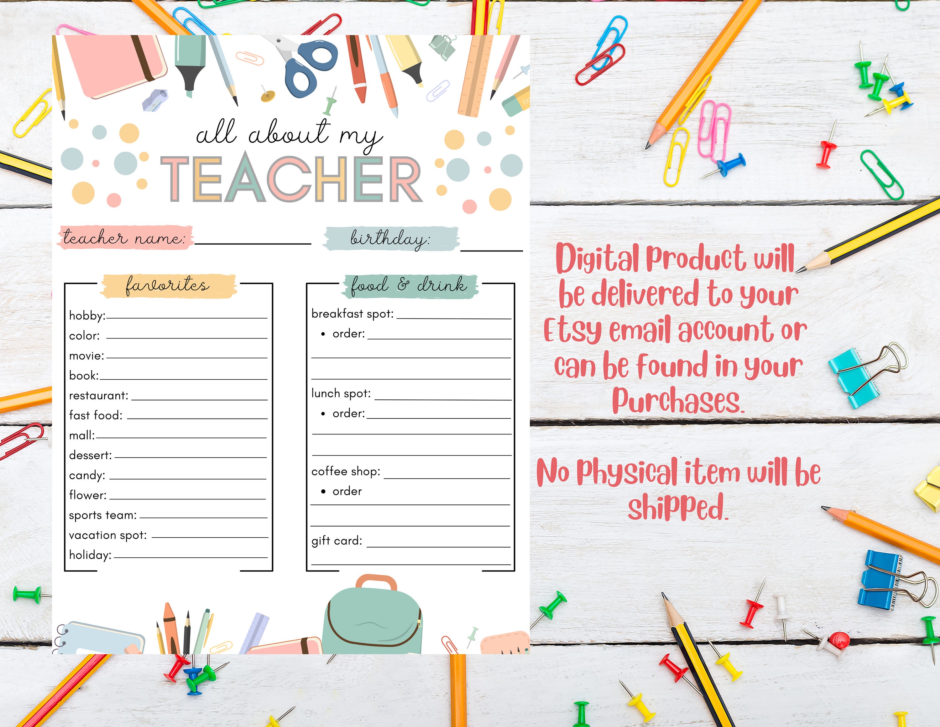 Teacher Favorites List for Back to School - Teacher Survey Printable ...