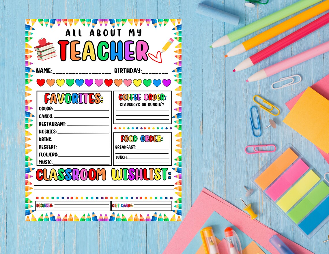 Teacher Favorites List for Back to School - Teacher Survey Printable ...