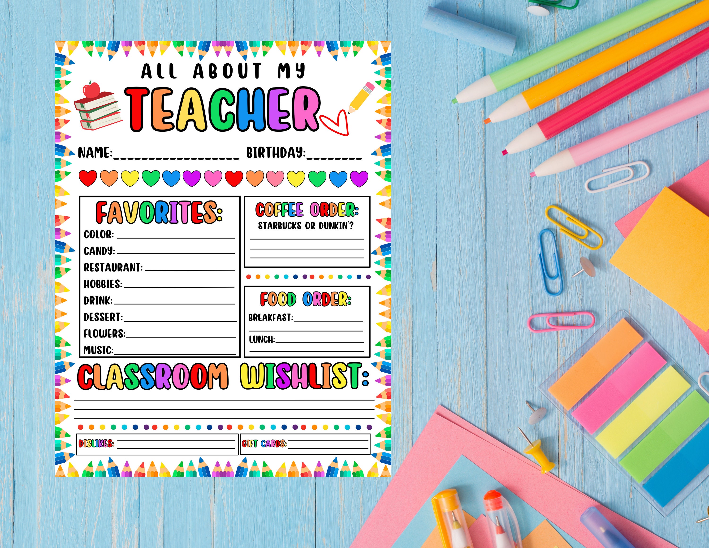 Teacher Favorites List for Back to School - Teacher Survey Printable ...