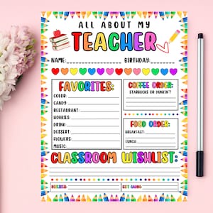Teacher Favorites List for Back to School - Teacher Survey Printable ...