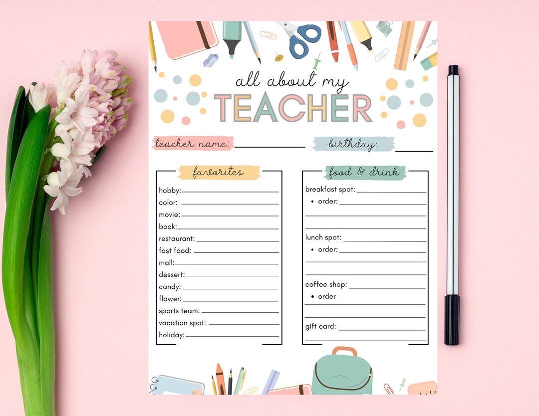 Teacher Favorites List for Back to School - Teacher Survey Printable ...