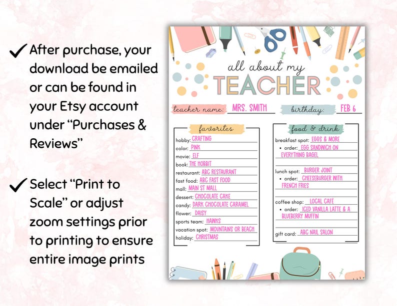 Teacher Favorites List for Back to School - Teacher Survey Printable ...