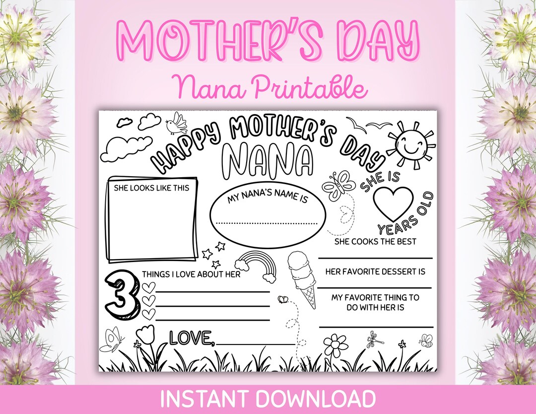 Nana Happy Mother's Day Nana Kids Coloring Fillable Printable Instant ...