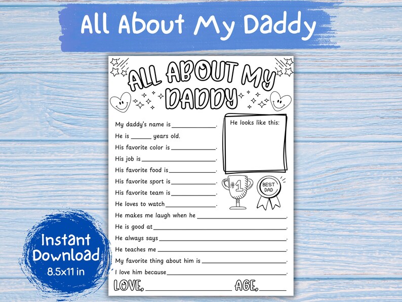 All About My Daddy Printable for Kids Coloring - Instant Digital ...