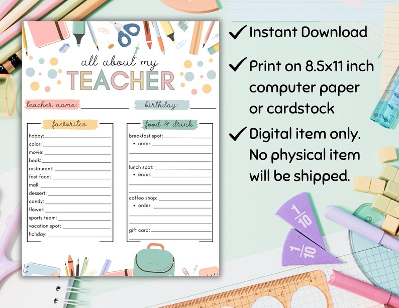 Teacher Favorites List for Back to School - Teacher Survey Printable ...