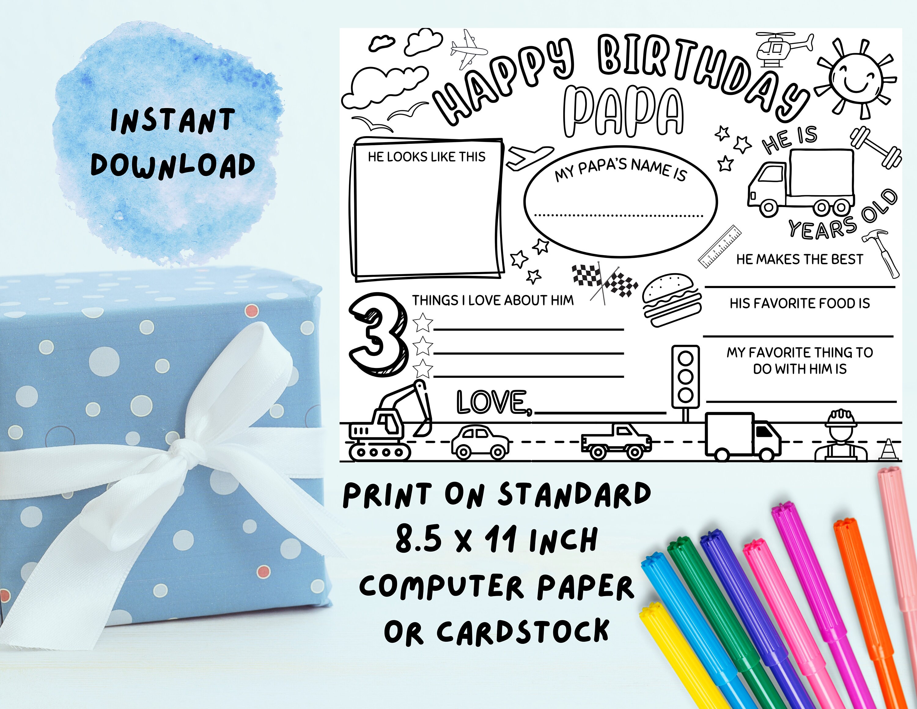 Papa Happy Birthday Printable for Kids Coloring - Fillable Instant ...