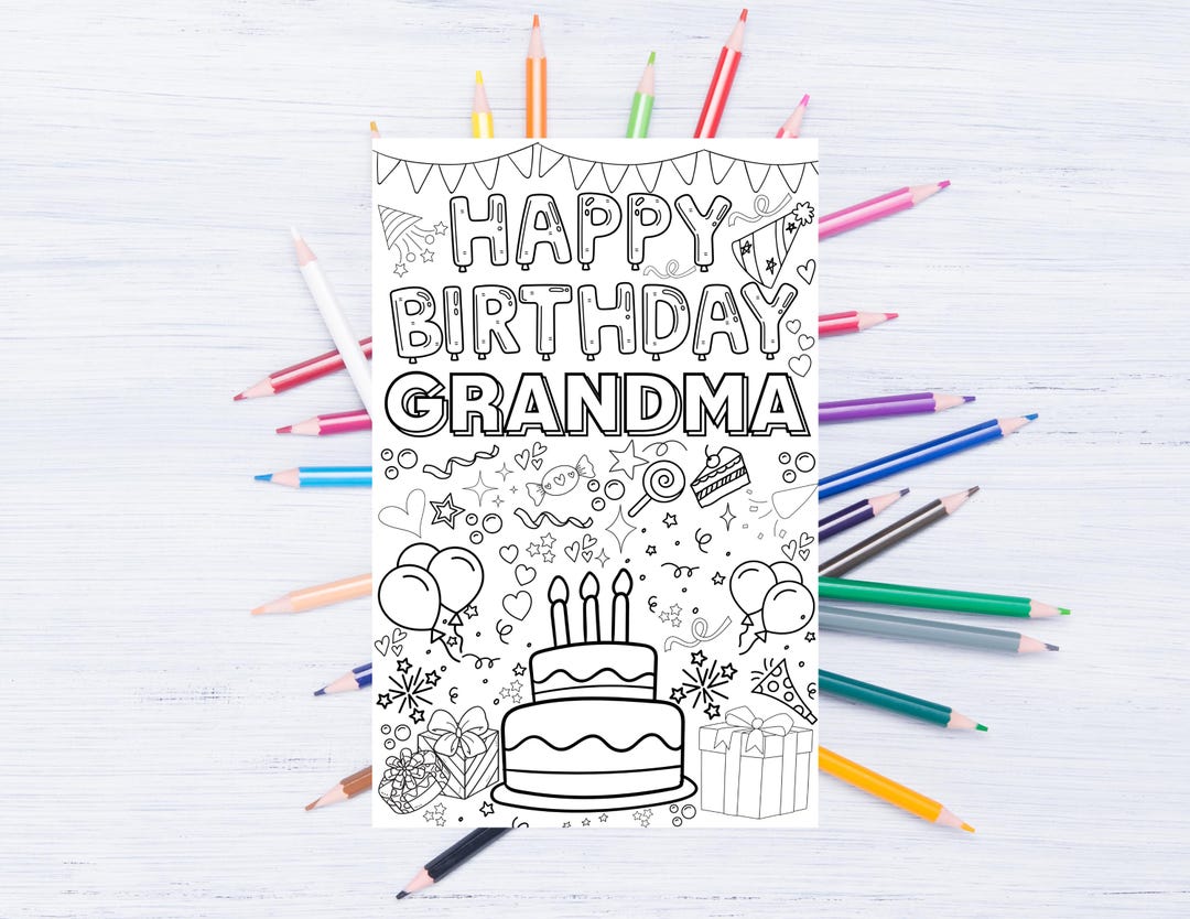 Happy Birthday Grandma Coloring Card for Kids Printable Instant Digital ...