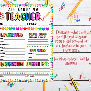 Teacher Favorites List for Back to School - Teacher Survey Printable ...