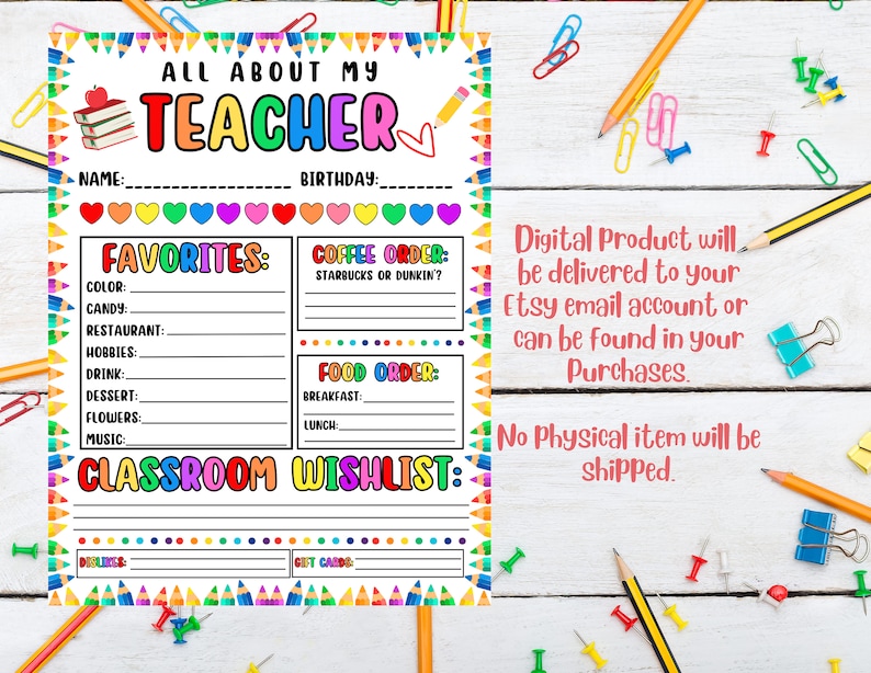 Teacher Favorites List for Back to School - Teacher Survey Printable ...