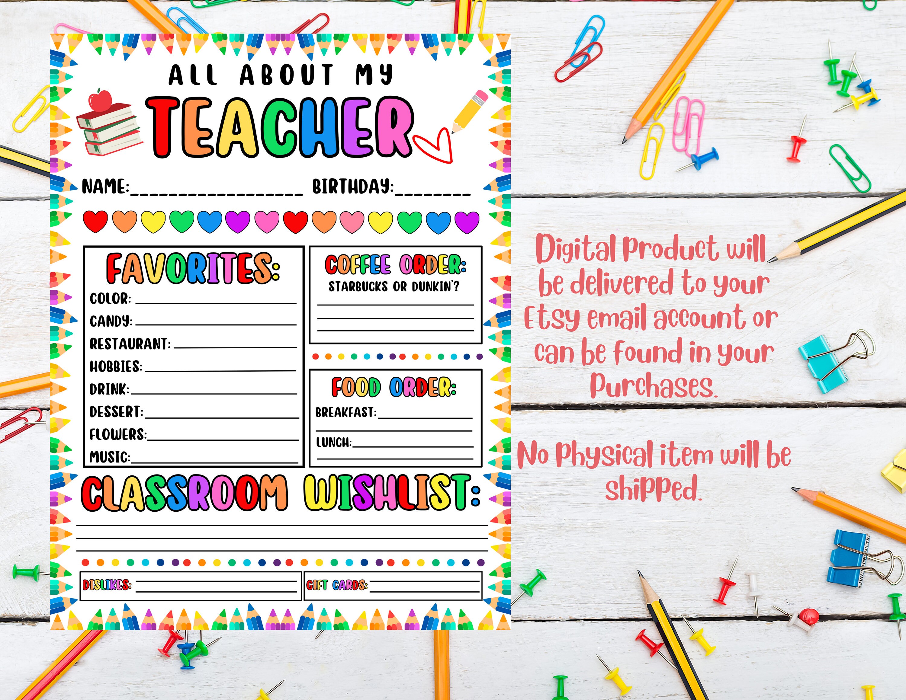 Teacher Favorites List for Back to School - Teacher Survey Printable ...