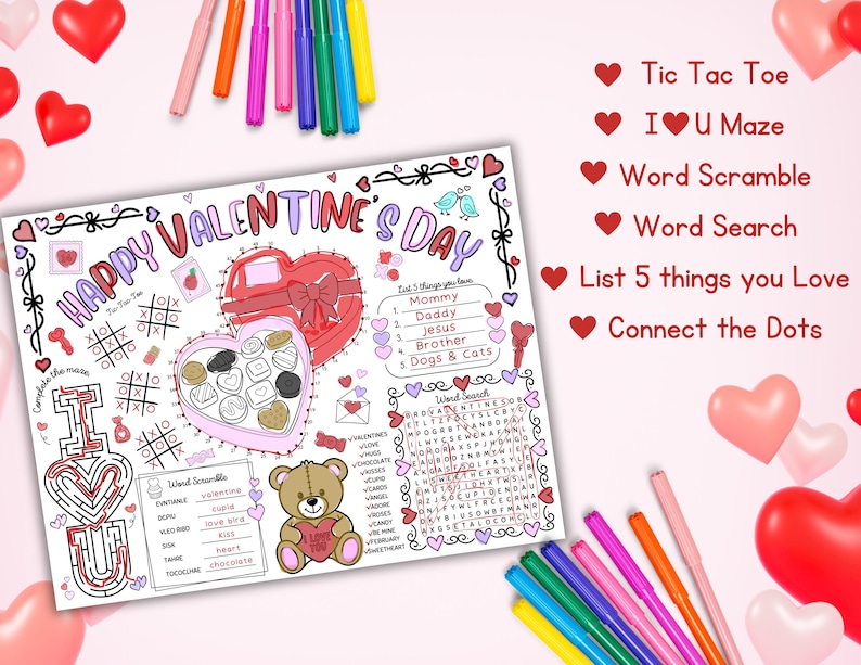 Valentine's Day Kids Activity Sheet: Maze, Word Search (digital ...