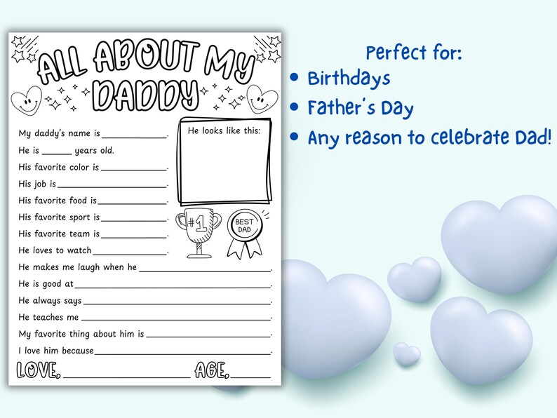 All About My Daddy Printable for Kids Coloring - Instant Digital ...