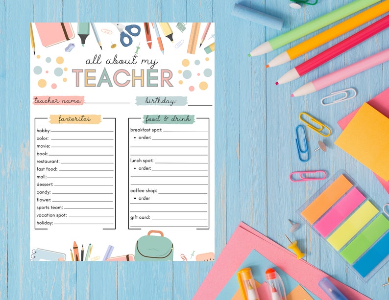 Teacher Favorites List for Back to School - Teacher Survey Printable ...