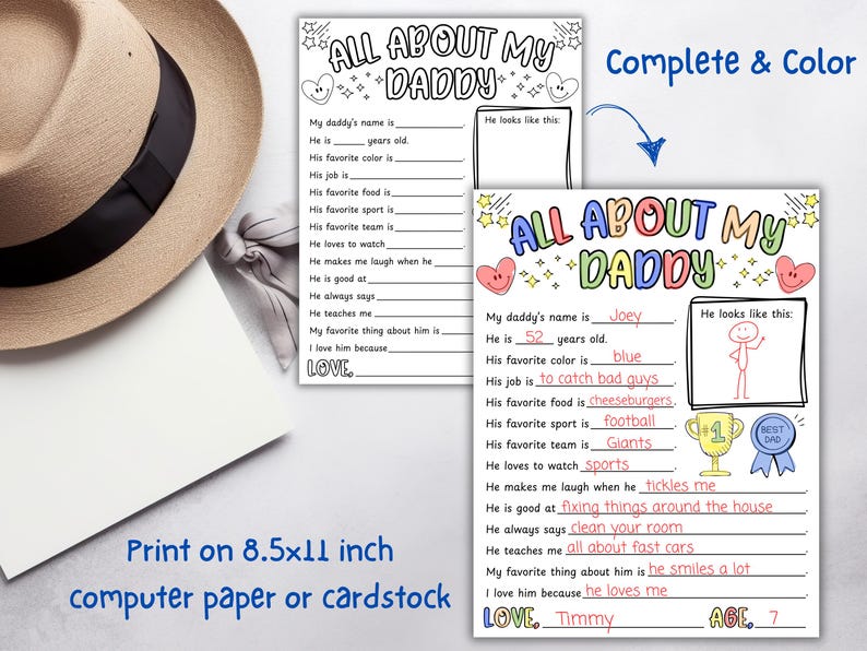 All About My Daddy Printable for Kids Coloring - Instant Digital ...