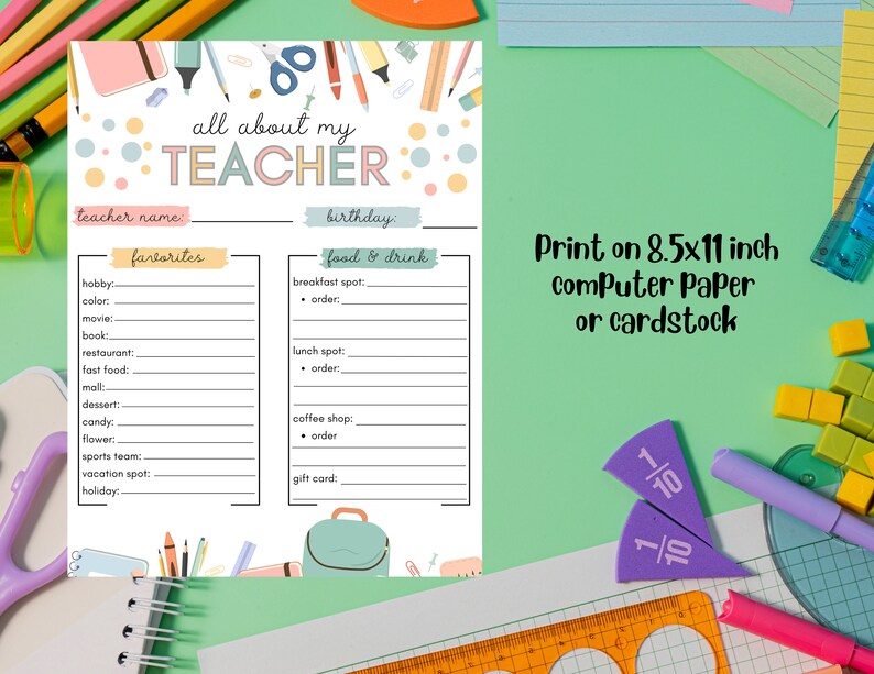Teacher Favorites List for Back to School - Teacher Survey Printable ...