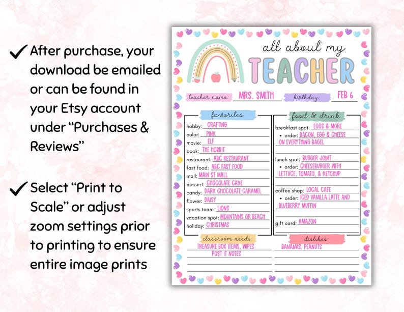 Teacher Favorites List for Back to School - Teacher Survey Printable ...