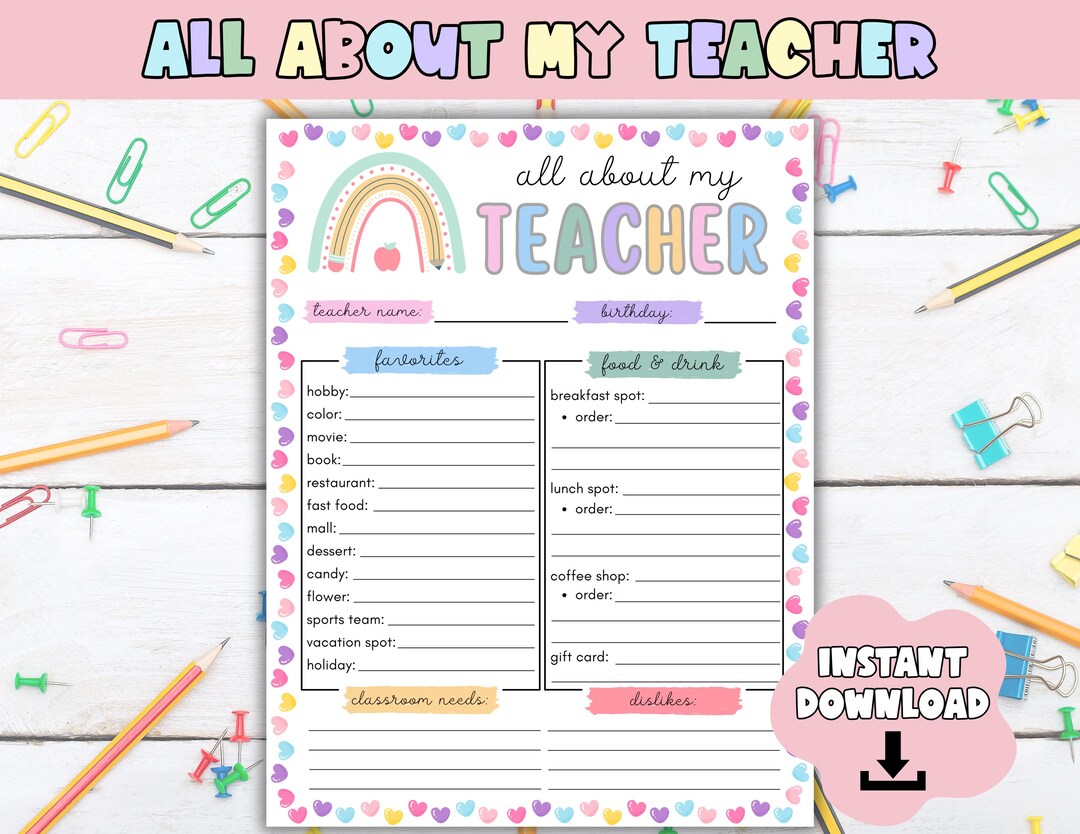 Teacher Favorites List for Back to School - Teacher Survey Printable ...