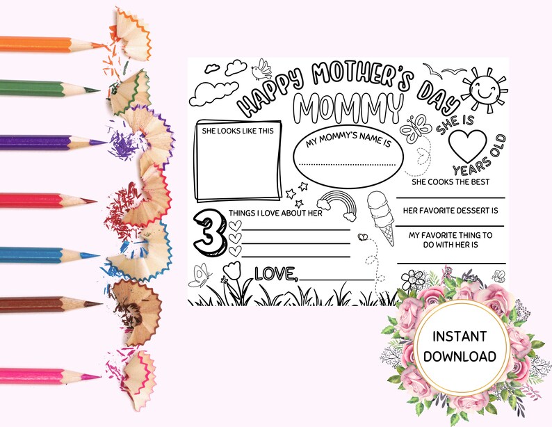 Happy Mother's Day Mommy Kids Coloring Fillable Printable Instant ...