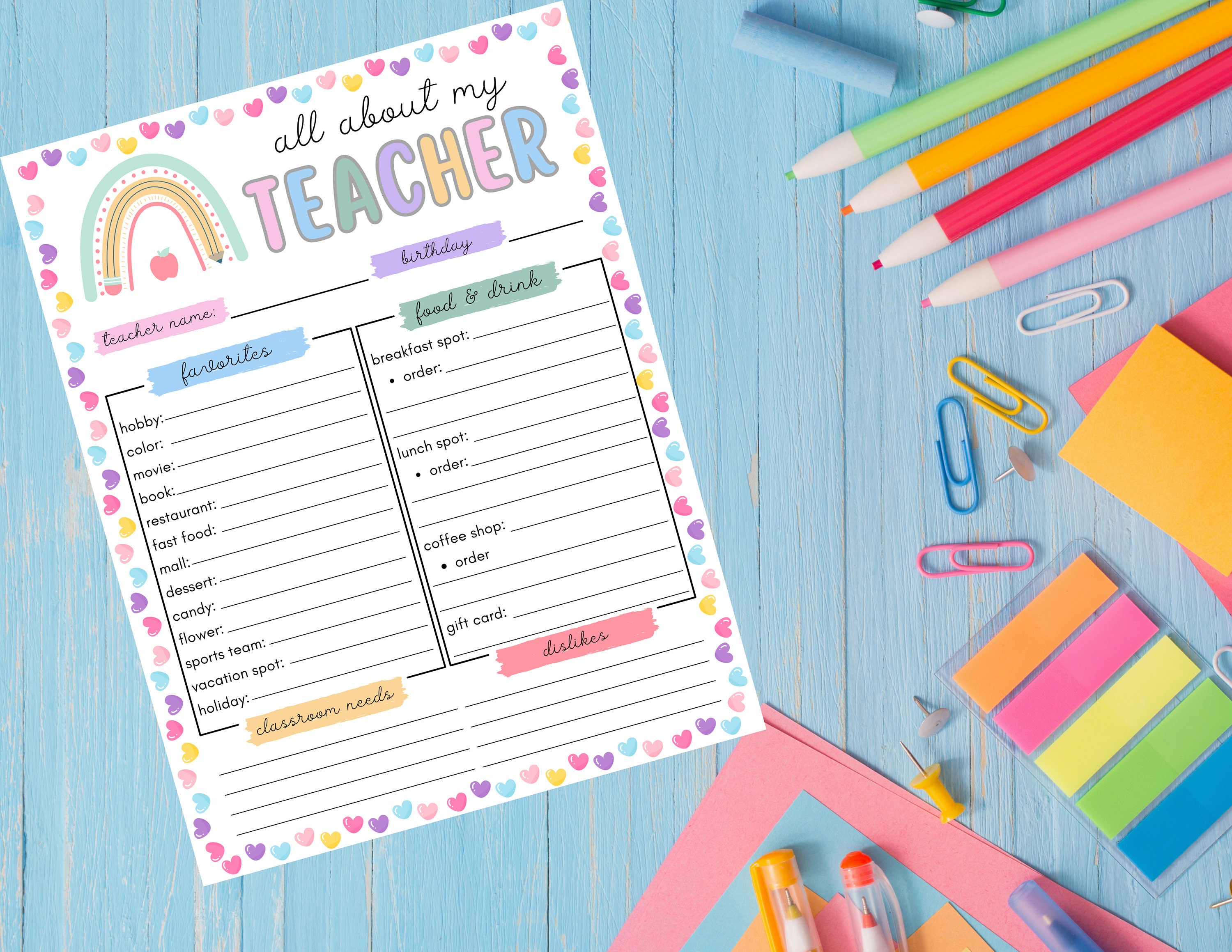 Teacher Favorites List for Back to School Teacher Survey Printable ...