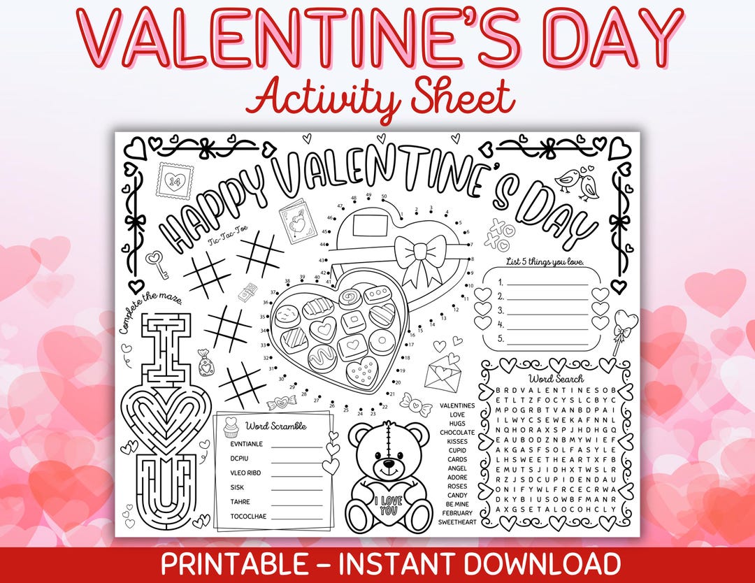 Valentine's Day Kids Activity Sheet: Maze, Word Search (digital ...