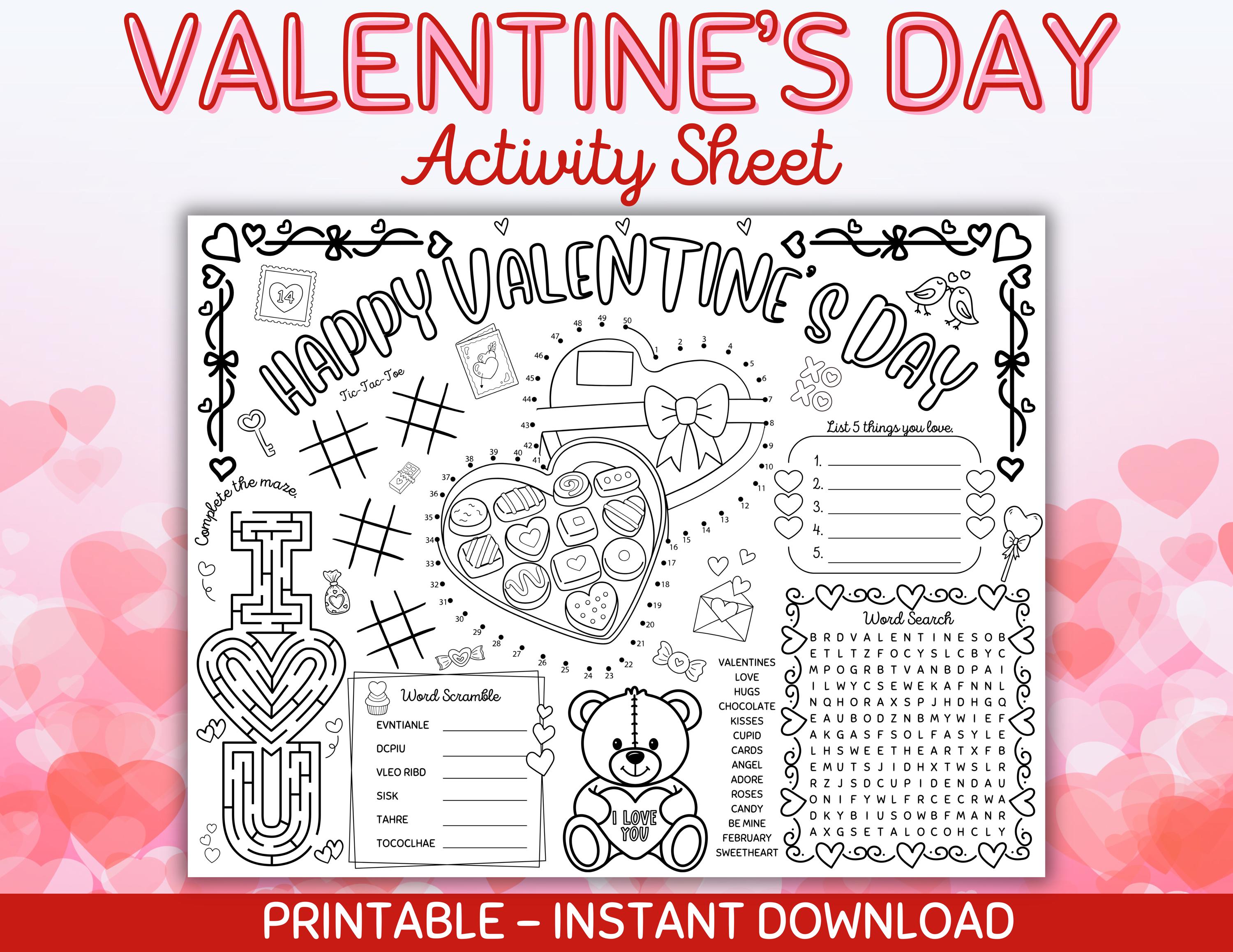 Valentine's Day Kids Activity Sheet: Maze, Word Search (digital ...