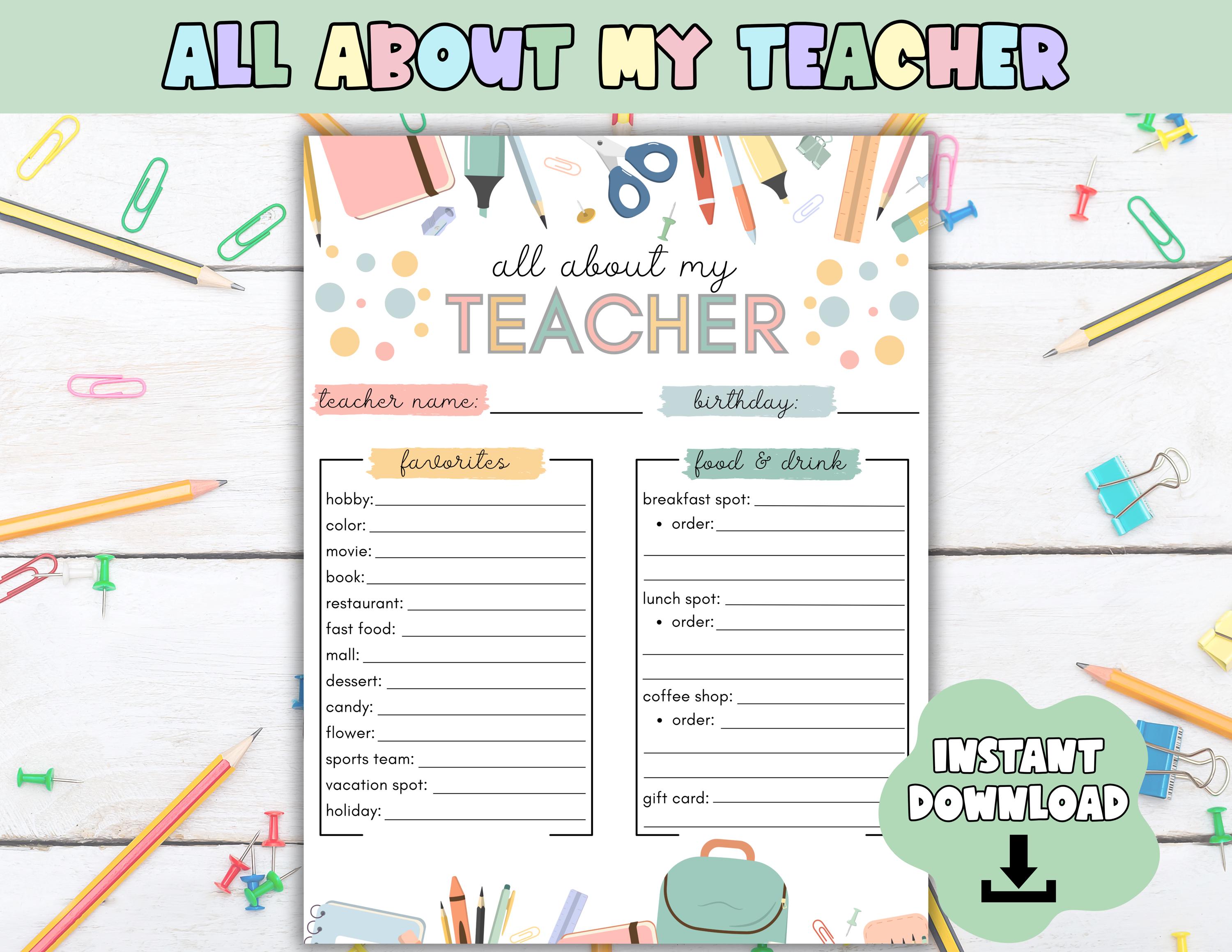 Teacher Favorites List for Back to School - Teacher Survey Printable ...