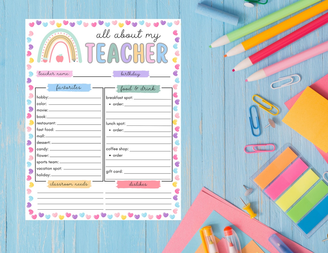 Teacher Favorites List for Back to School Teacher Survey Printable ...