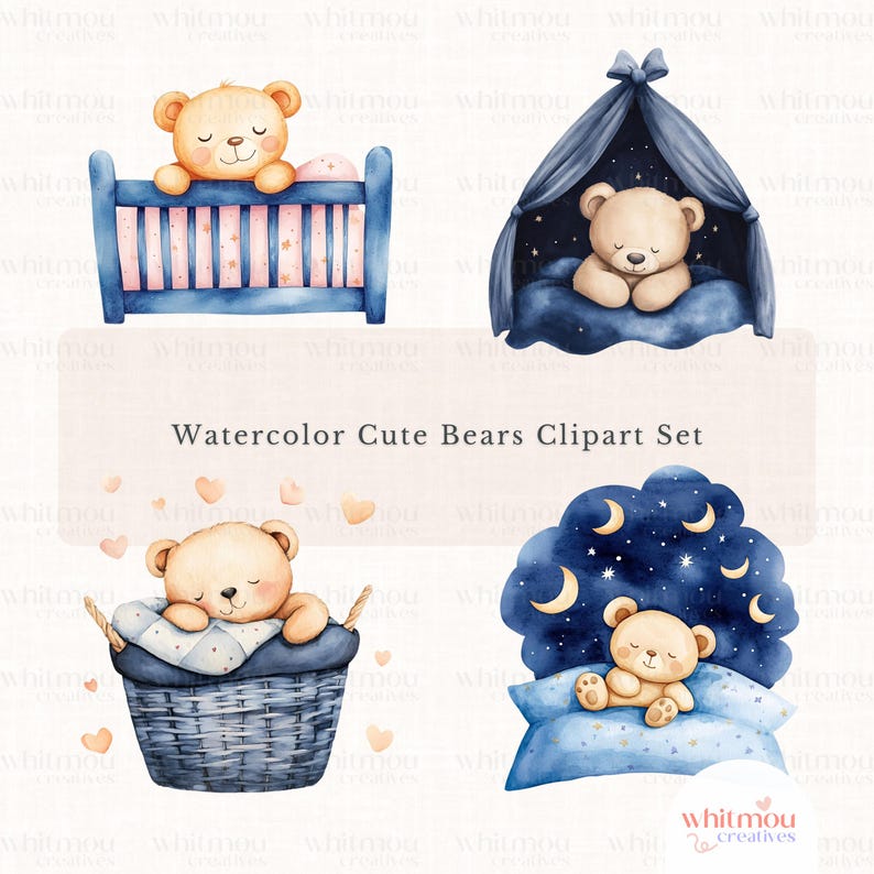 Watercolor Teddy Bear Clipart: Blue Sleeping Bears, Nursery Art (PNG ...