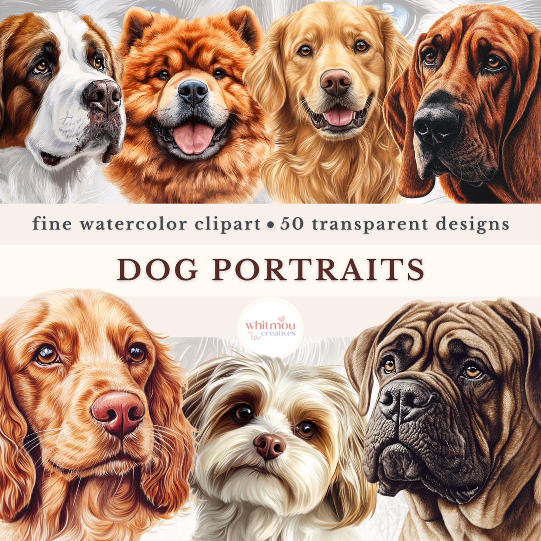 Watercolor Dog Portraits Clipart, 50 Breeds PNG Bundle (commercial Use ...