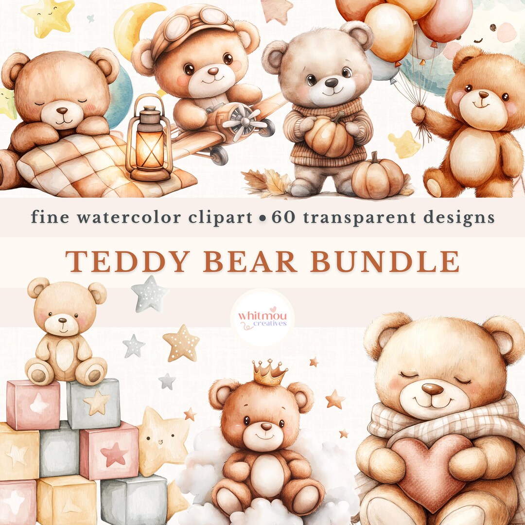 Watercolor Teddy Bear Clipart Bundle: Boho Nursery PNG (digital ...