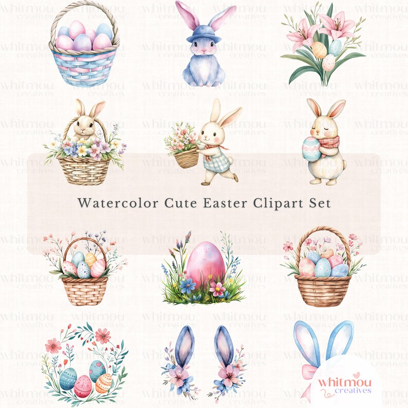 Watercolor Easter Clipart Bundle: Bunnies, Eggs, Wreath (PNG ...