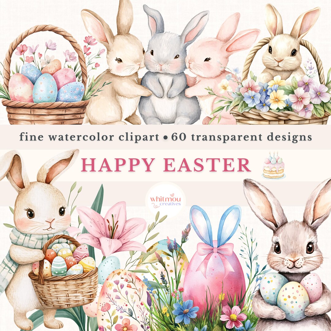 Watercolor Easter Clipart Bundle: Bunnies, Eggs, Wreath (PNG ...