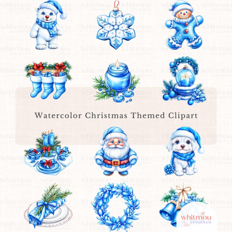 Watercolor Blue Christmas Clipart Bundle Commercial Use Rustic ...