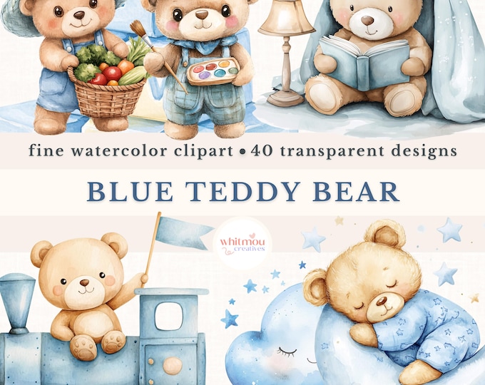 Watercolor Boy Bear Clipart Bundle, Cute Teddy Nursery Decor, Pink Baby ...