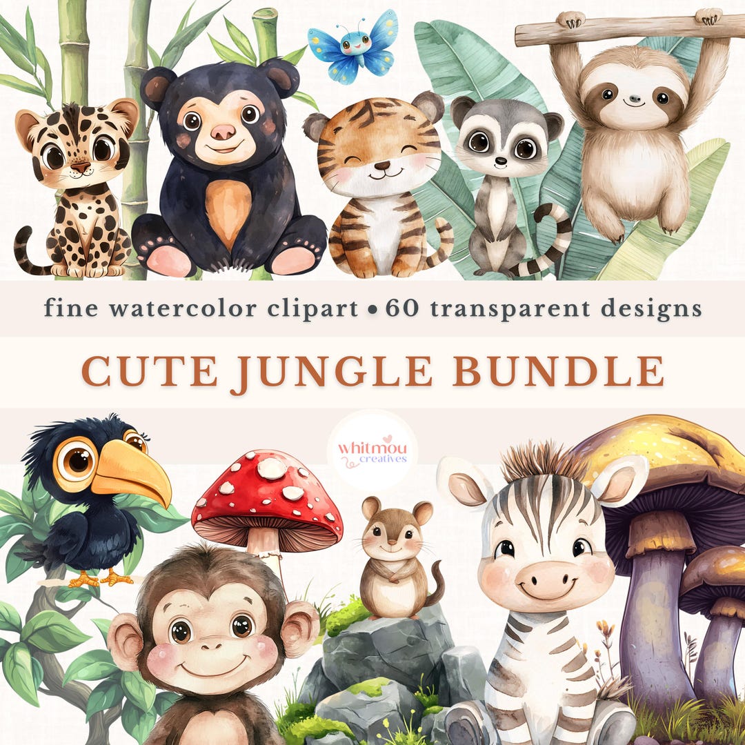 Watercolor Jungle Animals Clipart: Safari Nursery PNG Bundle ...