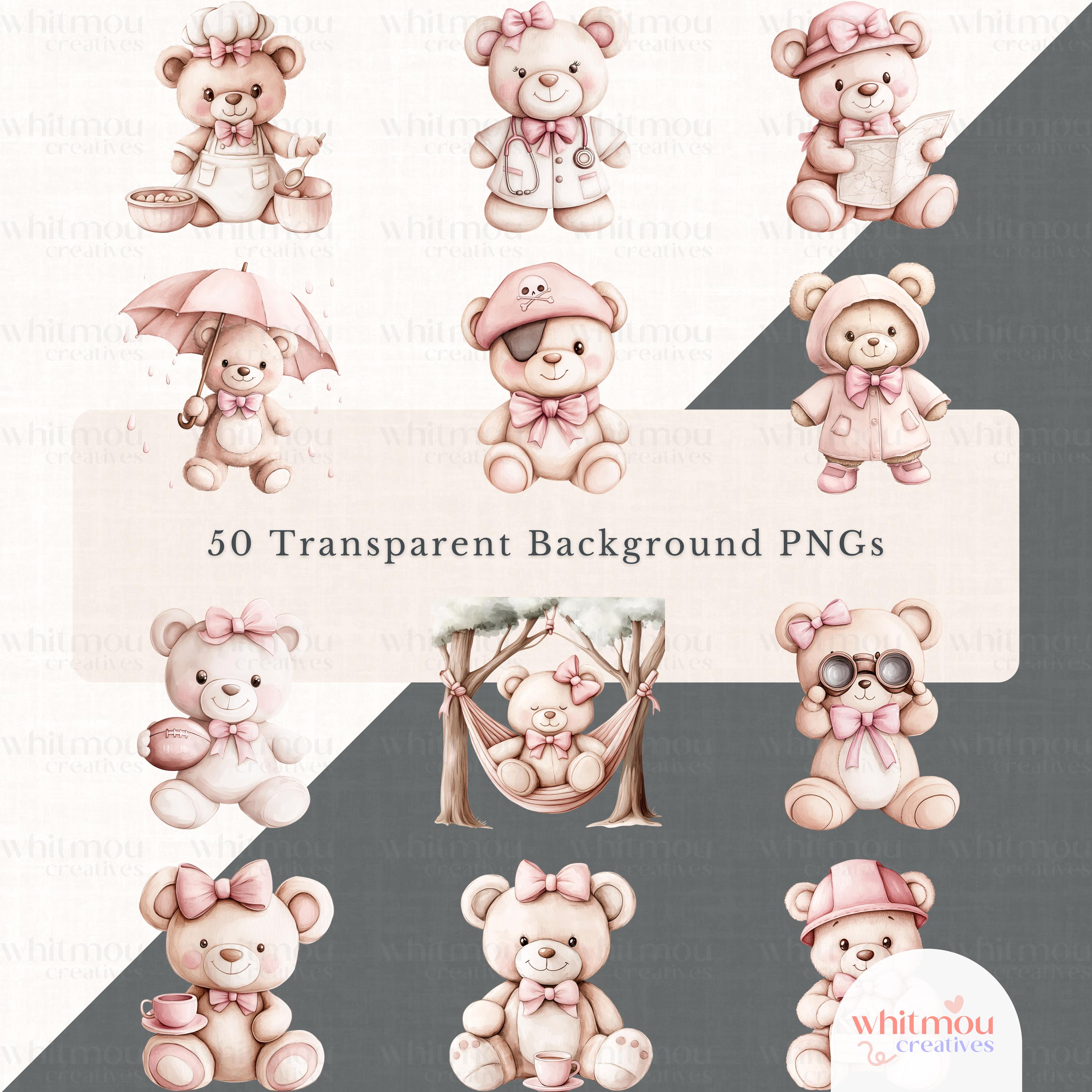Watercolor Pink Teddy Bear Clipart Bundle Commercial Use Teddy Bear PNG ...
