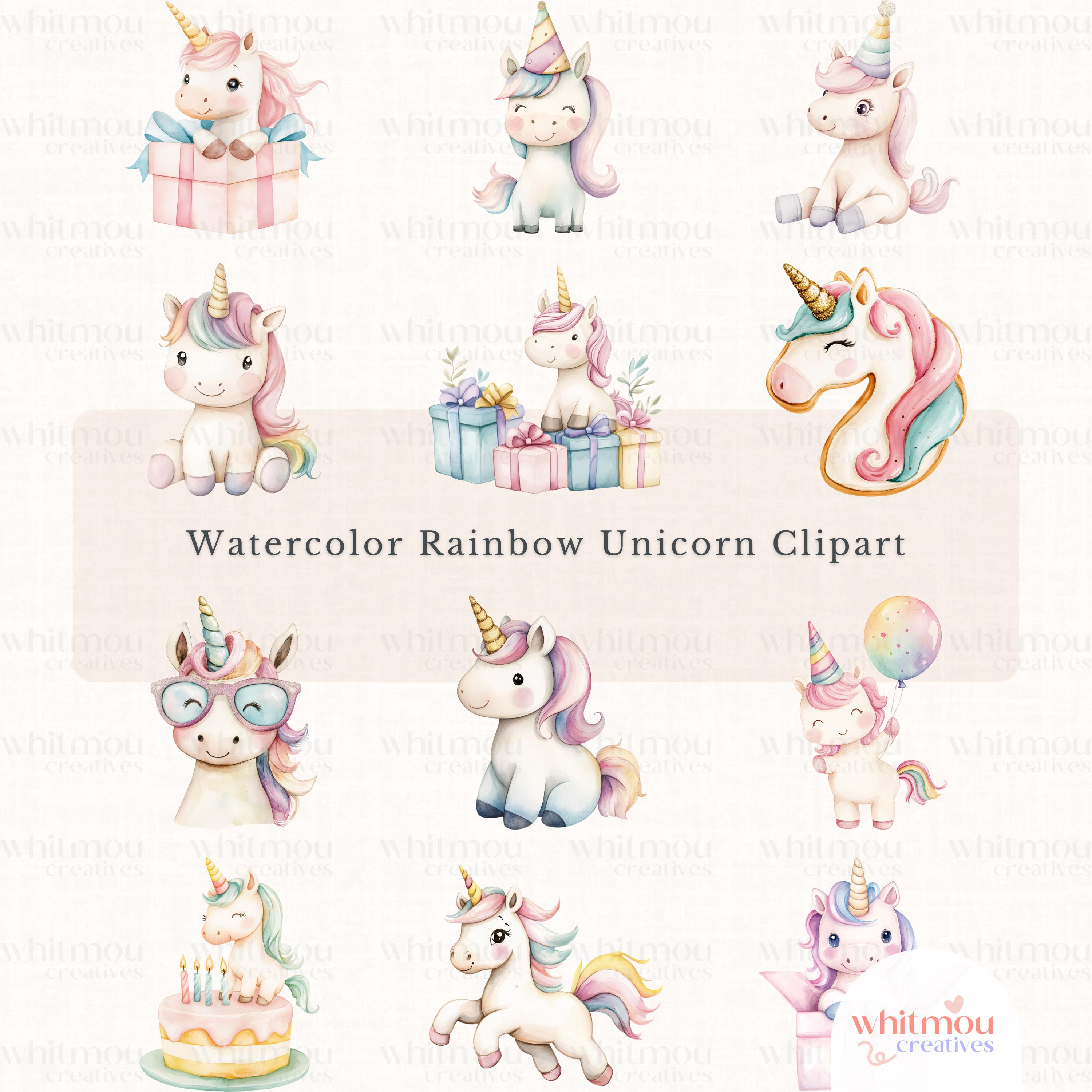 Watercolor Rainbow Unicorn Clipart Bundle Pink Unicorn Pngs Baby Shower ...