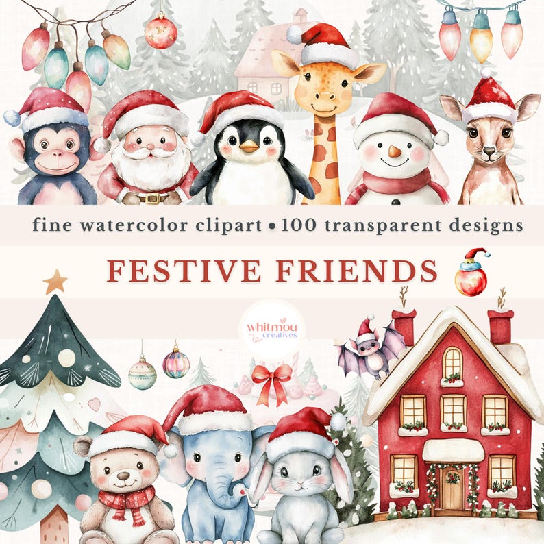 Watercolor Christmas Animals Clipart: Festive Friends PNG Bundle ...