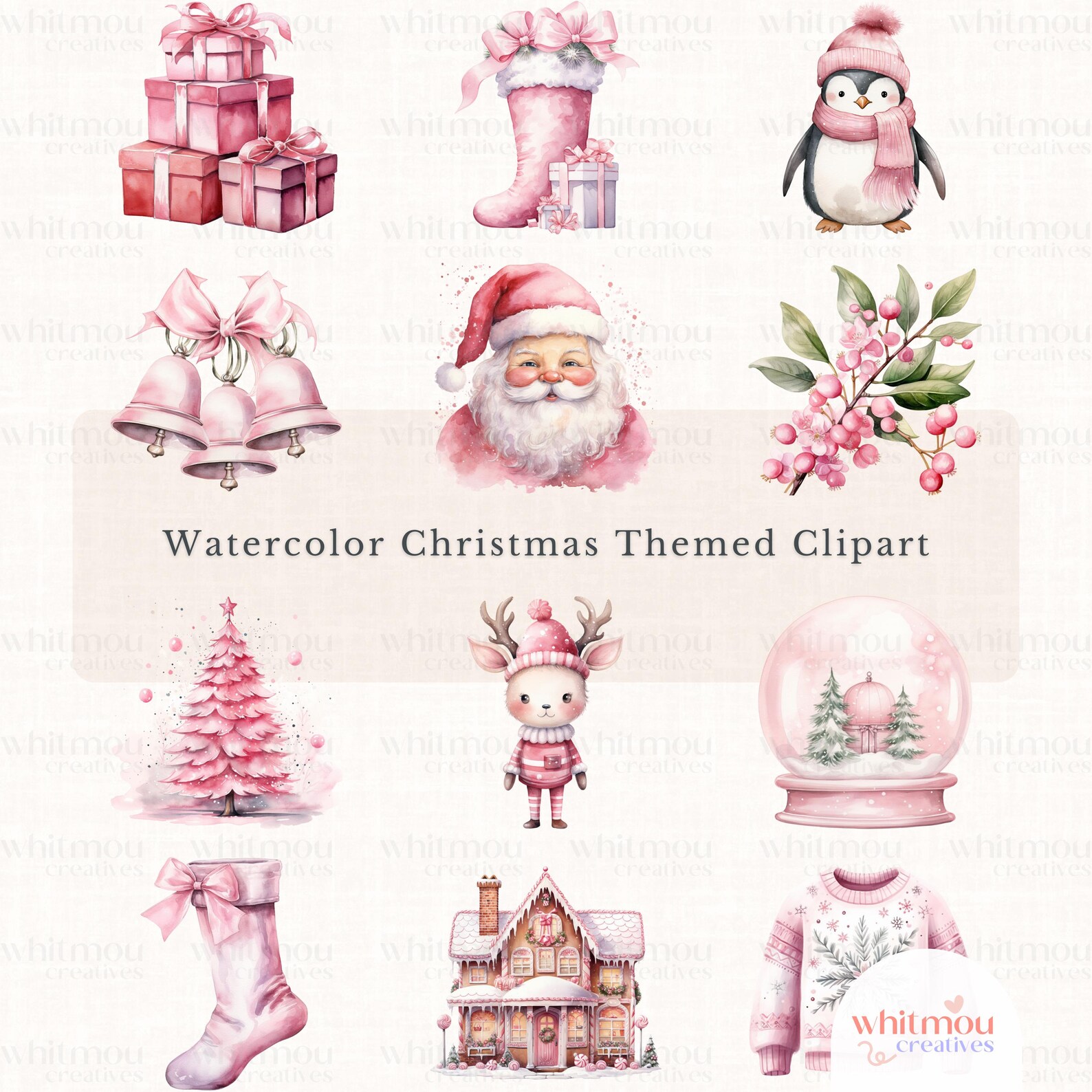 Watercolor Pink Christmas Clipart Bundle: Rustic Holiday PNG (digital ...