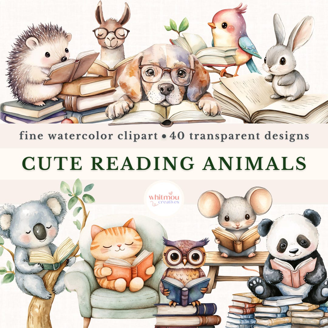 Watercolor Reading Animals Clipart: Book Lover PNG Bundle (commercial ...