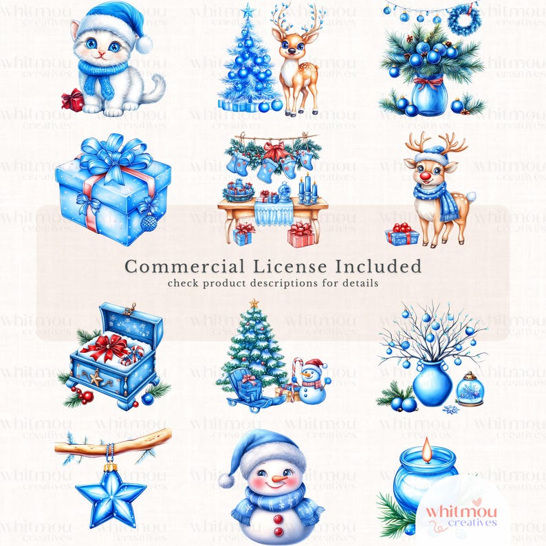 Watercolor Blue Christmas Clipart Bundle Commercial Use Rustic ...