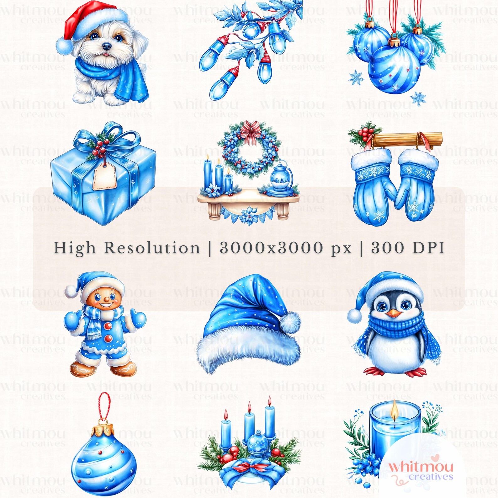 Watercolor Blue Christmas Clipart Bundle Commercial Use Rustic ...