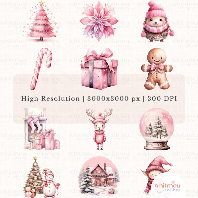 Watercolor Pink Christmas Clipart Bundle: Rustic Holiday PNG (digital ...