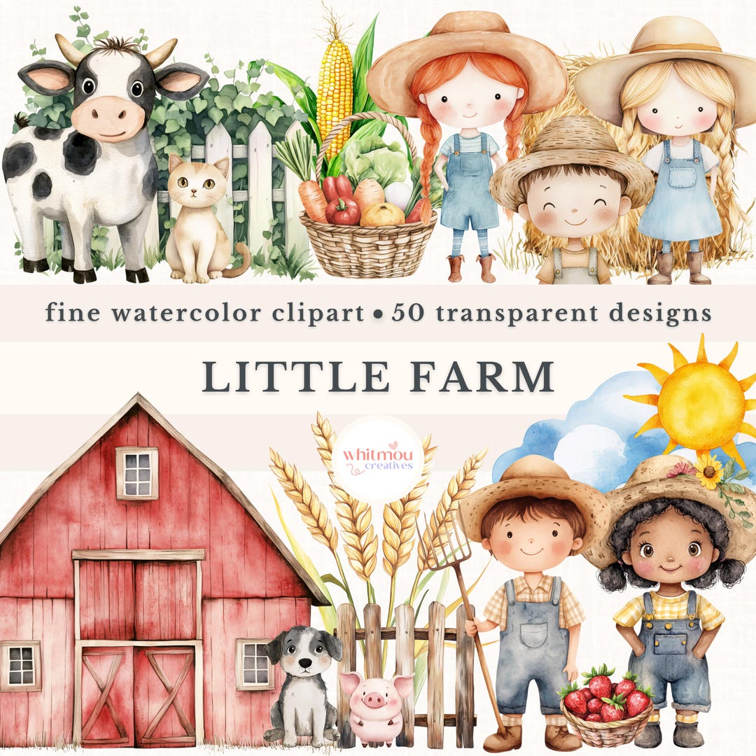 Watercolor Little Farm Clipart Bundle Cute Farmers Clipart Baby Farm ...