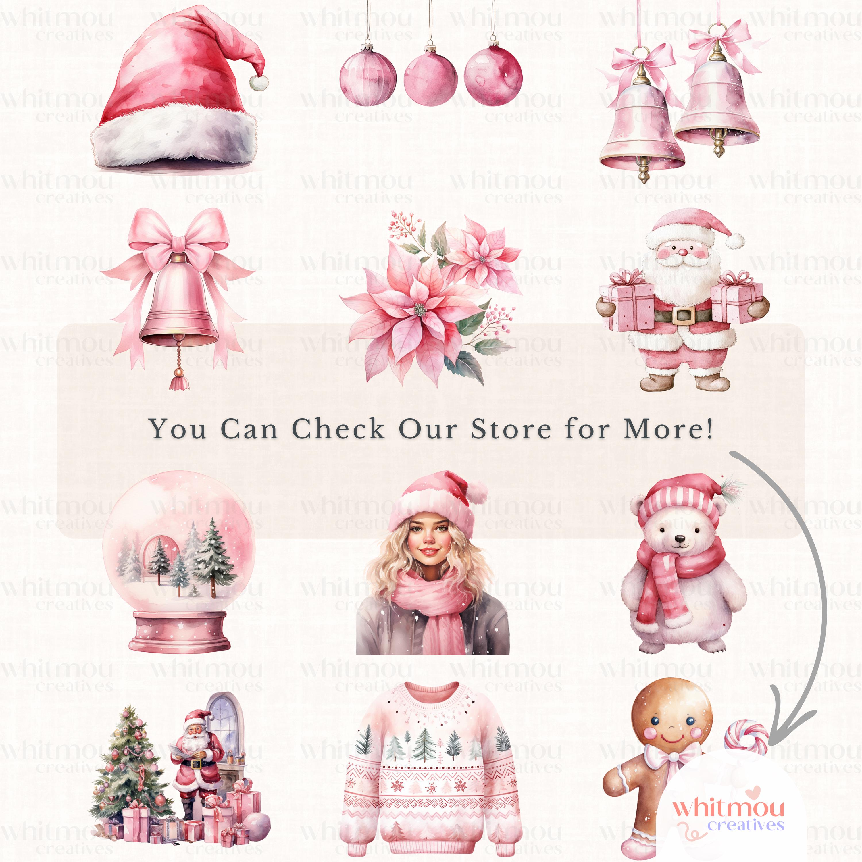 Watercolor Pink Christmas Clipart Bundle: Rustic Holiday PNG (digital ...