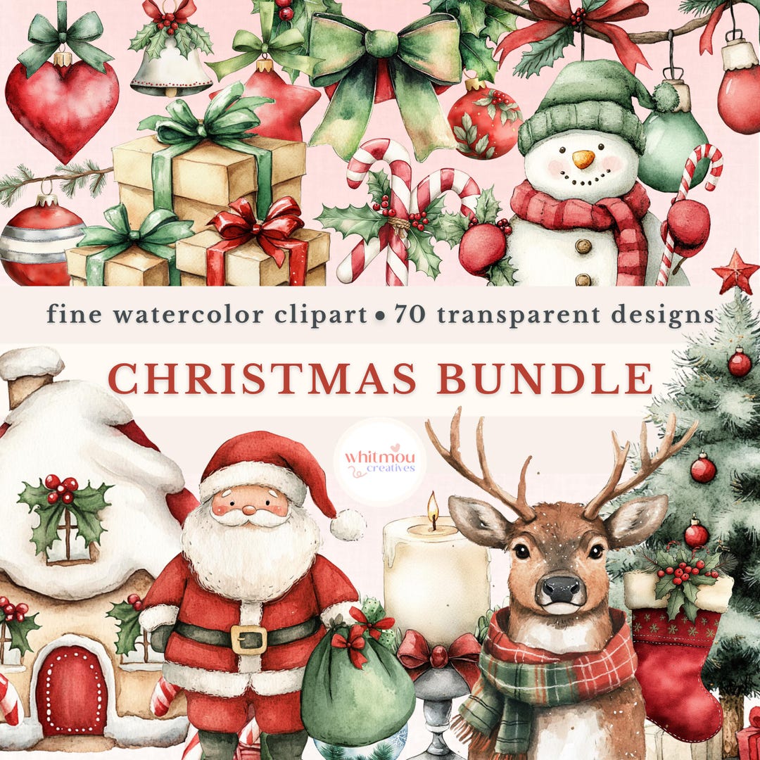 Watercolor Christmas Clipart Bundle: Rustic Holiday PNG (commercial Use ...