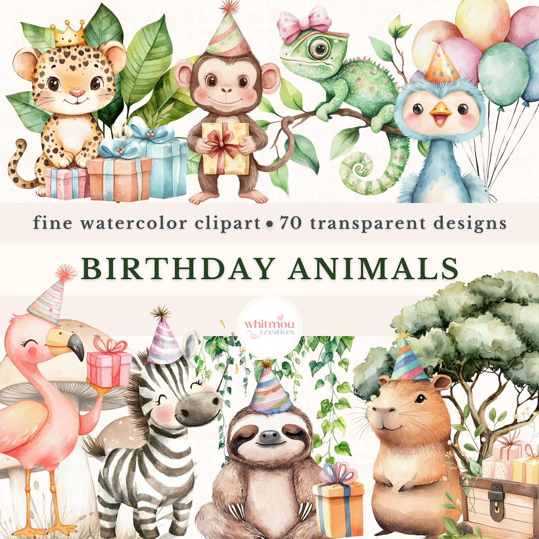 Watercolor Birthday Animals Clipart Bundle Cute Safari Animals Clipart ...
