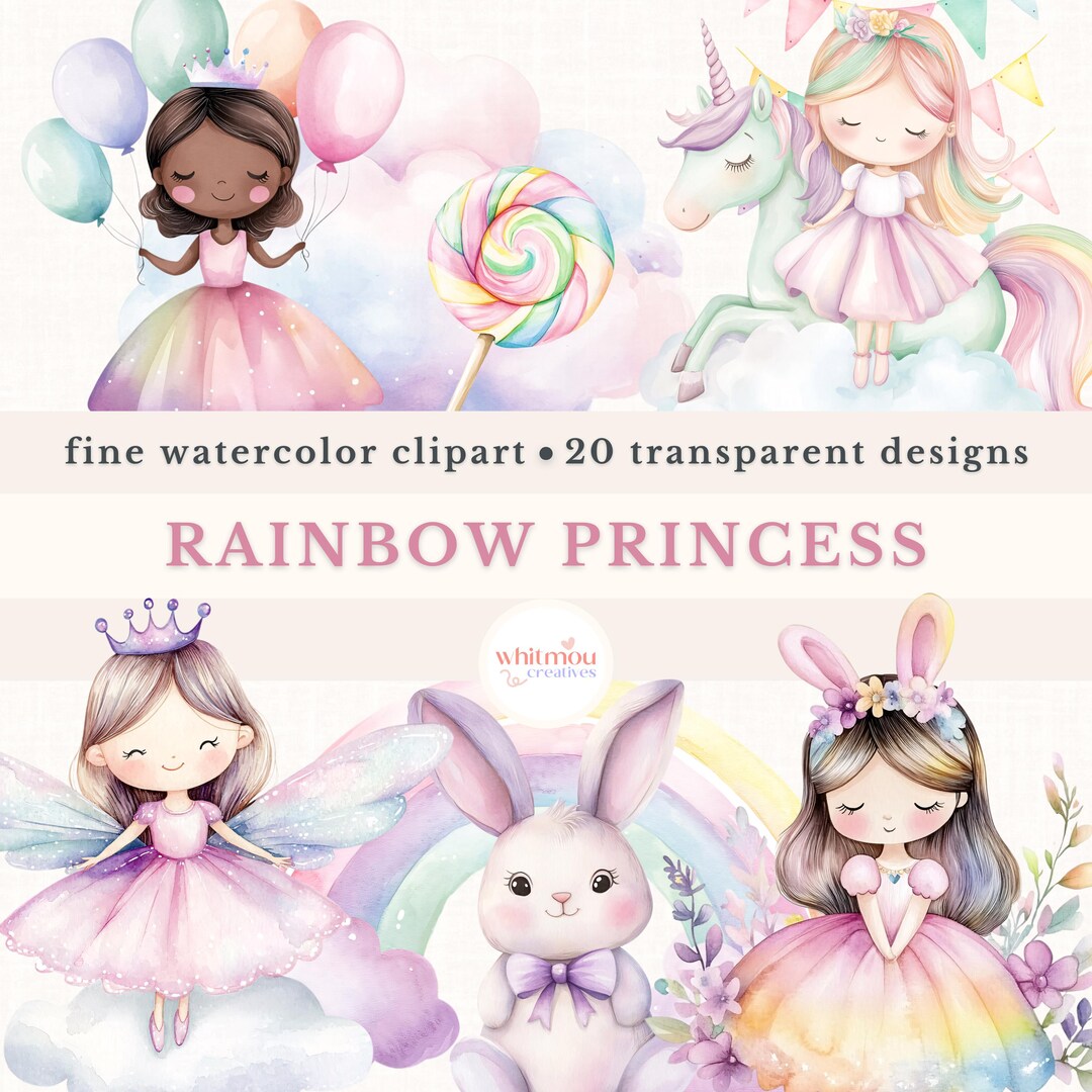Watercolor Princess Clipart Bundle: Rainbow Unicorn, Baby Shower ...